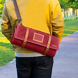 DEQIS Knife Roll Chef Waxed Canvas Bag Storage 13 Slots and 1 Large Zipper Pocket Carry Shoulder Strap Handle and Name Card Professional Folding Cooking Tools Case Organizer,Knives Not Included,Red