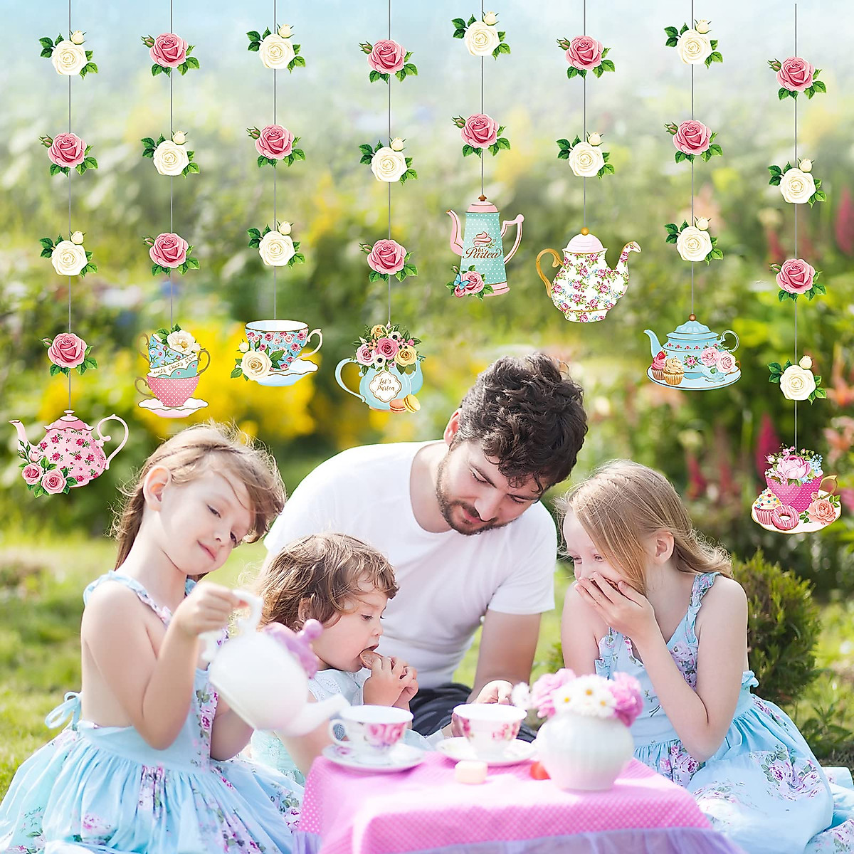 Tea Party Decorations Floral Tea Party Double Sided Hanging Garland Decorations Favors for Baby Shower Gender Reveal Birthday Bridal Wedding Girls Tea Party Birthday Decorations 32" 8 Pack