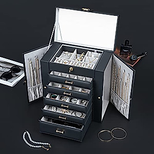 V-LAFUY Large Jewelry Organizer Box Black Jewelry Box, Large Jewelry Organizers Jewelry Boxes for Women to Storage Earrings Rings Necklaces Bracelets, Best Gift for Valentine's Day, Black