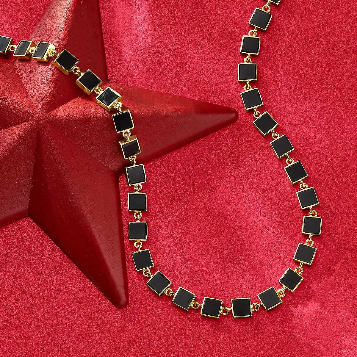 Ross-Simons Black Onyx Station Necklace in 18kt Yellow Gold Over Sterling Silver. 18 inches