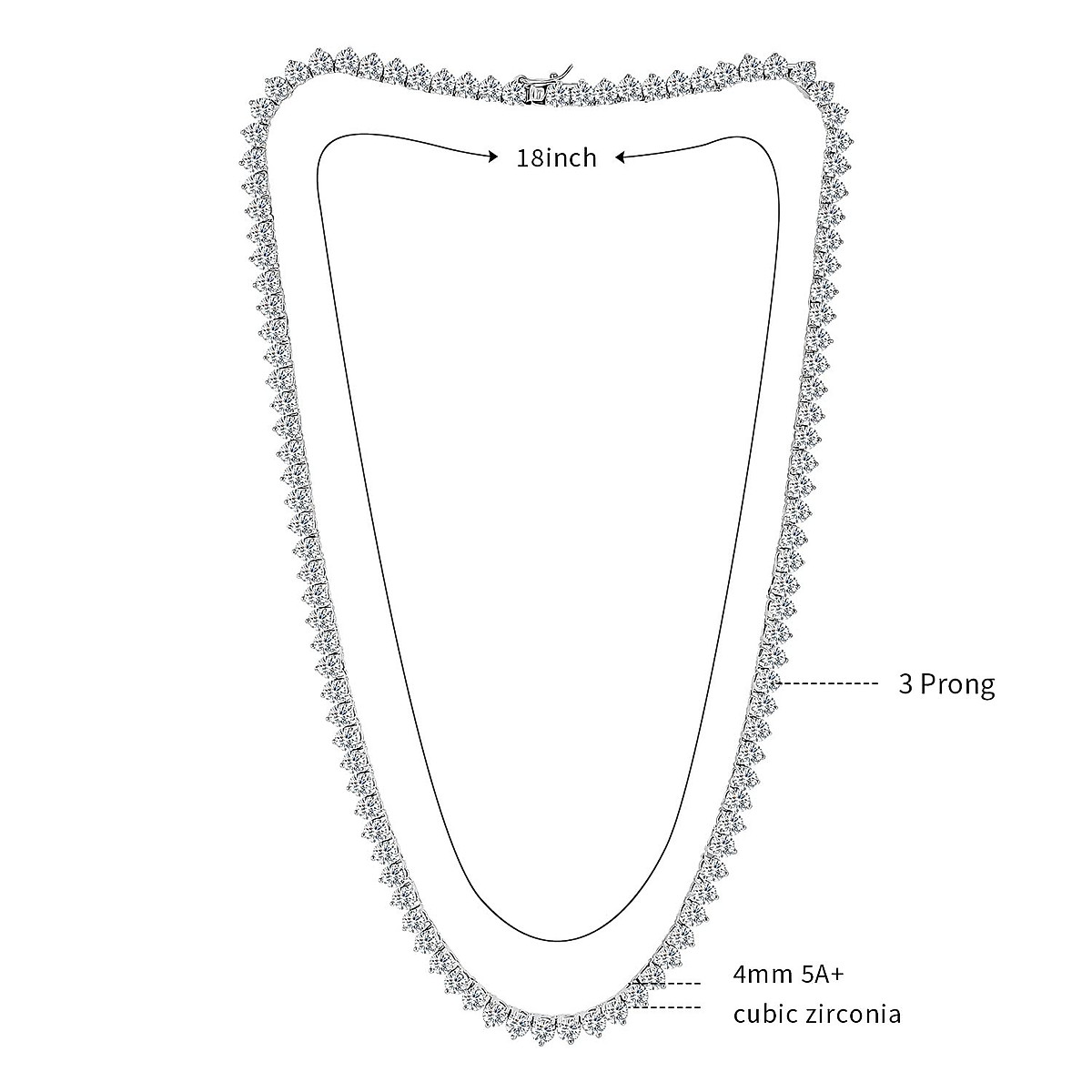 MOFEIJEWEL Tennis Necklace for Women Men 18K White Gold Plated 5A 4.0mm Round Cubic Zirconia Cut Faux Diamond Chain 18inch 3 Prong