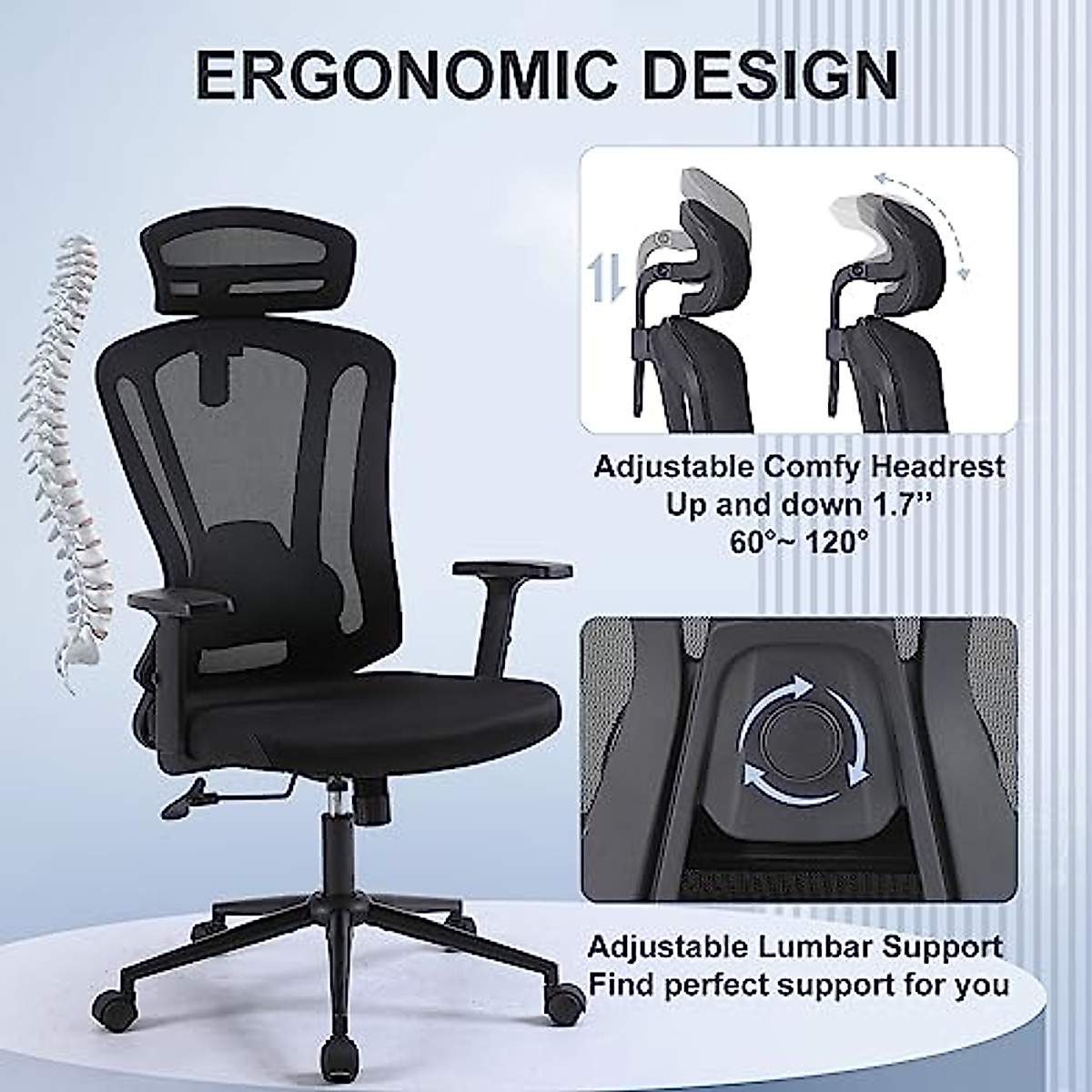 Ergonomic Home Office Chair, High Back Desk Chair with Adjustable Lumbar Support, 2D Armrest and Headrest, Black Mesh Computer Gaming Chair with Tilt Function
