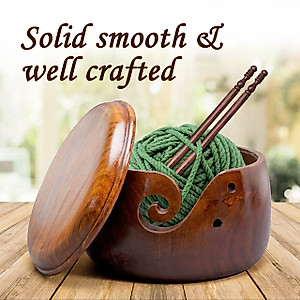 Eunoia Yarn Bowl with Round Lid, 7x5 Inch Handmade Yarn Holder for Crocheting, Decorative Knitting Bowl for Knitters with Wooden Crochet Hook and Travel Bag