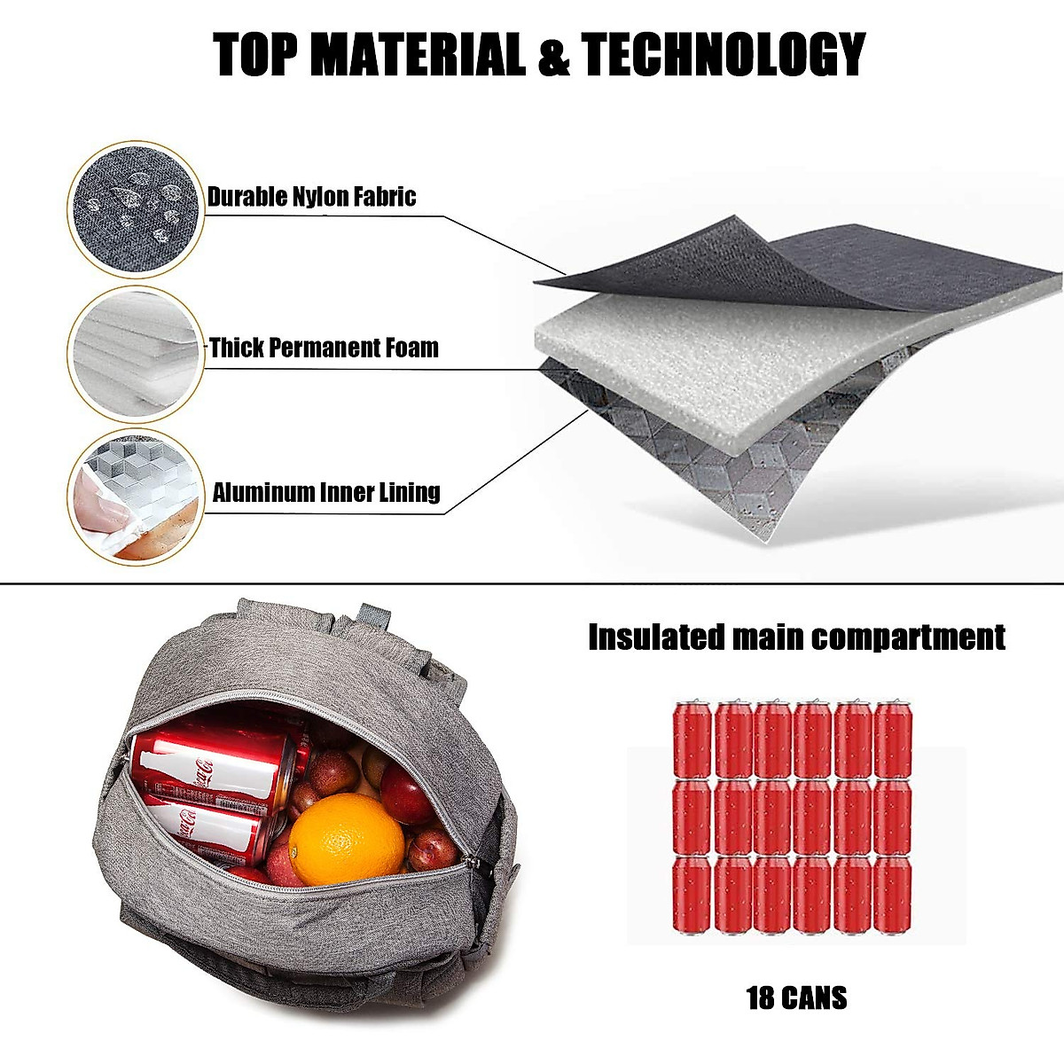 Scorlia Insulated Lunch Bag Cooler Backpack, Convertible Lunch Tote with Side pockets, Tall Reusable lunch Box Container with Drinks Holder for Work, Office, Beach, Picnic-Grey