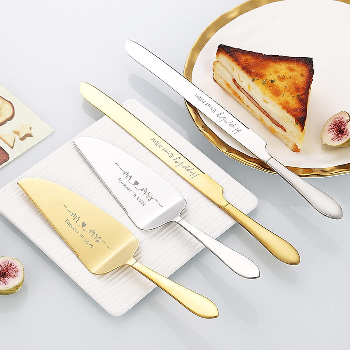 ROXBURGH Wedding Cake Knife and Server Set, Engraved Mr and Mrs Gold Forks Cake Cutting Set Pie Dessert Servers for Wedding Anniversary Bridal Shower Engagement