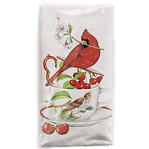 Mary Lake-Thompson Cardinal, Cherries, and Teacups Cotton Flour Sack Dish Towel