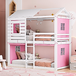 Merax Twin Over Twin Bunk Bed with Tent, Wood Twin Size House Bed Frame, Pink+White