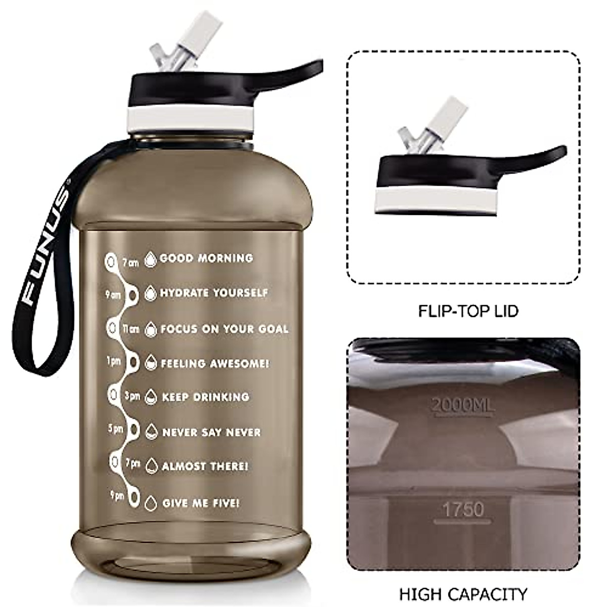 FUNUS Big Water Bottle BPA Free Half Gallon Water Bottle Jug Reusable Water Bottle for Men Women Fitness Sports Gym Outdoor (Transparent Black)