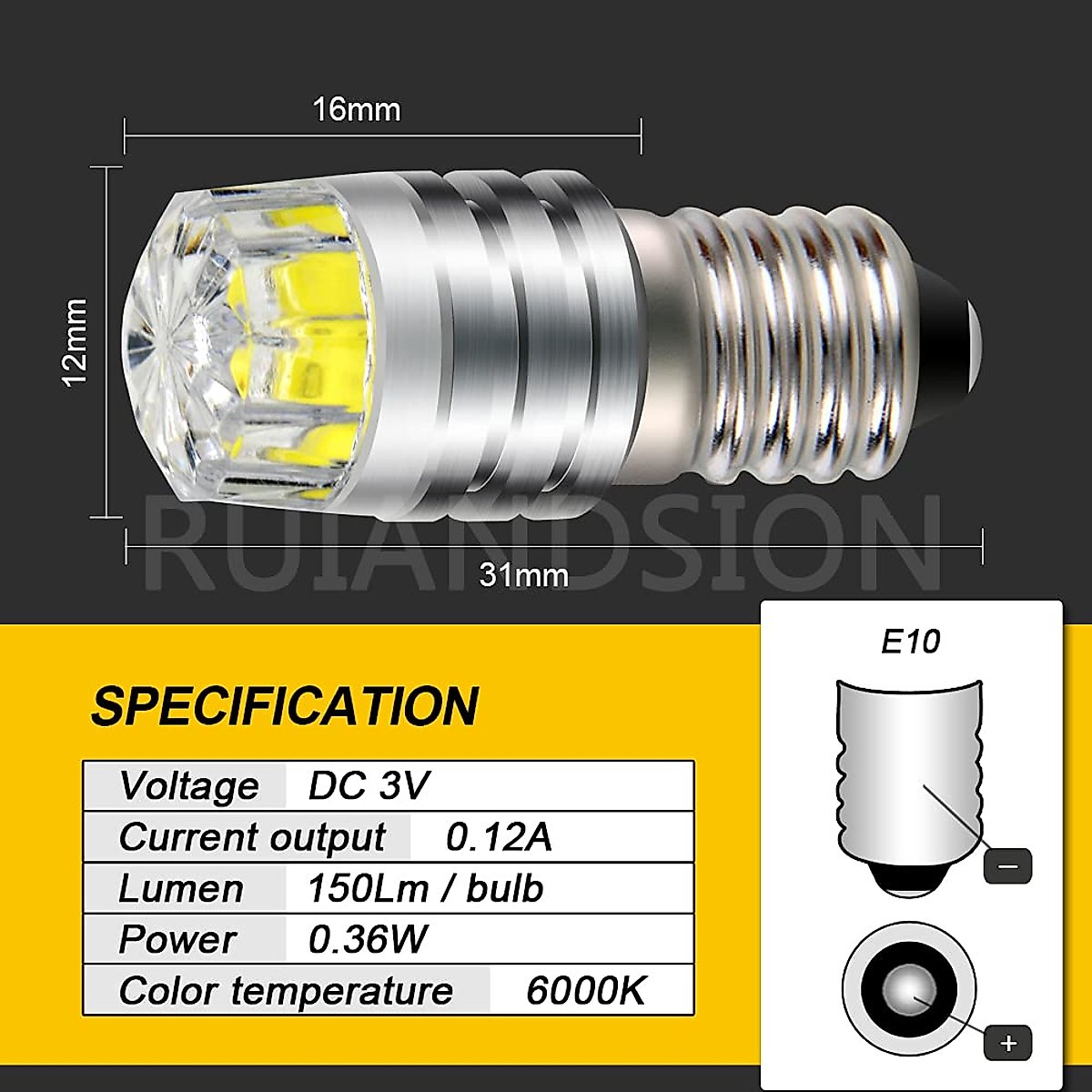 Ruiandsion 2pcs E10 Base LED Upgrade Bulb 3V COB 2W Replacement for Flashlights Torch Lights, White