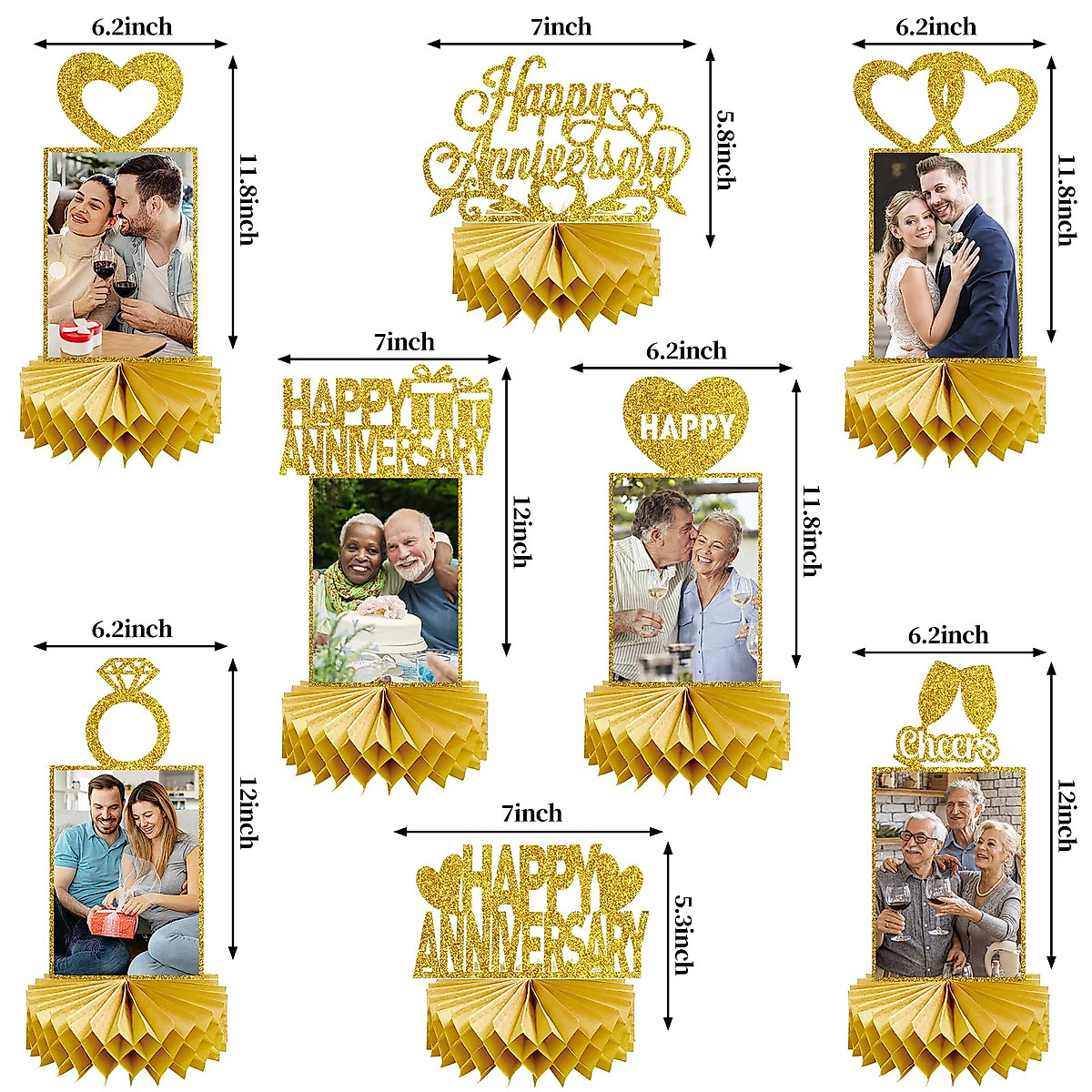 Eucutur 8Pcs Gold Happy Wedding Anniversary Decorations Honeycomb Centerpiece, Gold Glitter Anniversary Photo Table Centerpiece Party Supplies, 25th 30th 40th 50th 60th Gold Anniversary Table Topper