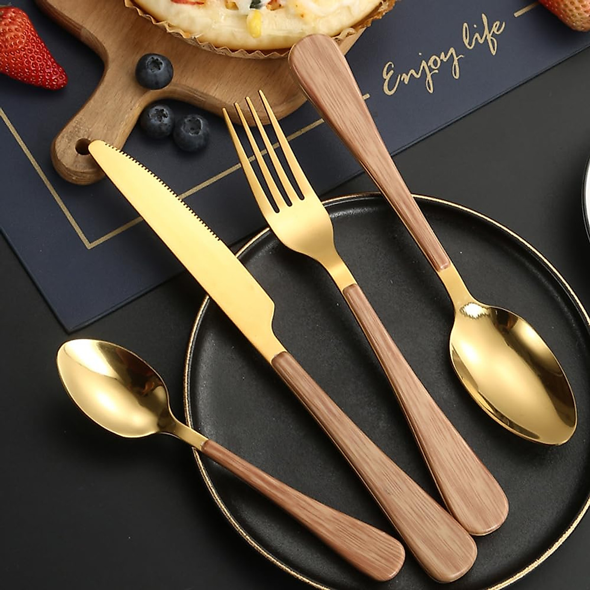 Aimilan 24 Piece Gold Silverware Set for 6, Imitation Wooden Handle Flatware Cutlery Set for Home Kitchen Restaurant, Mirror Finish, Dishwasher Safe (24-Piece for 6)