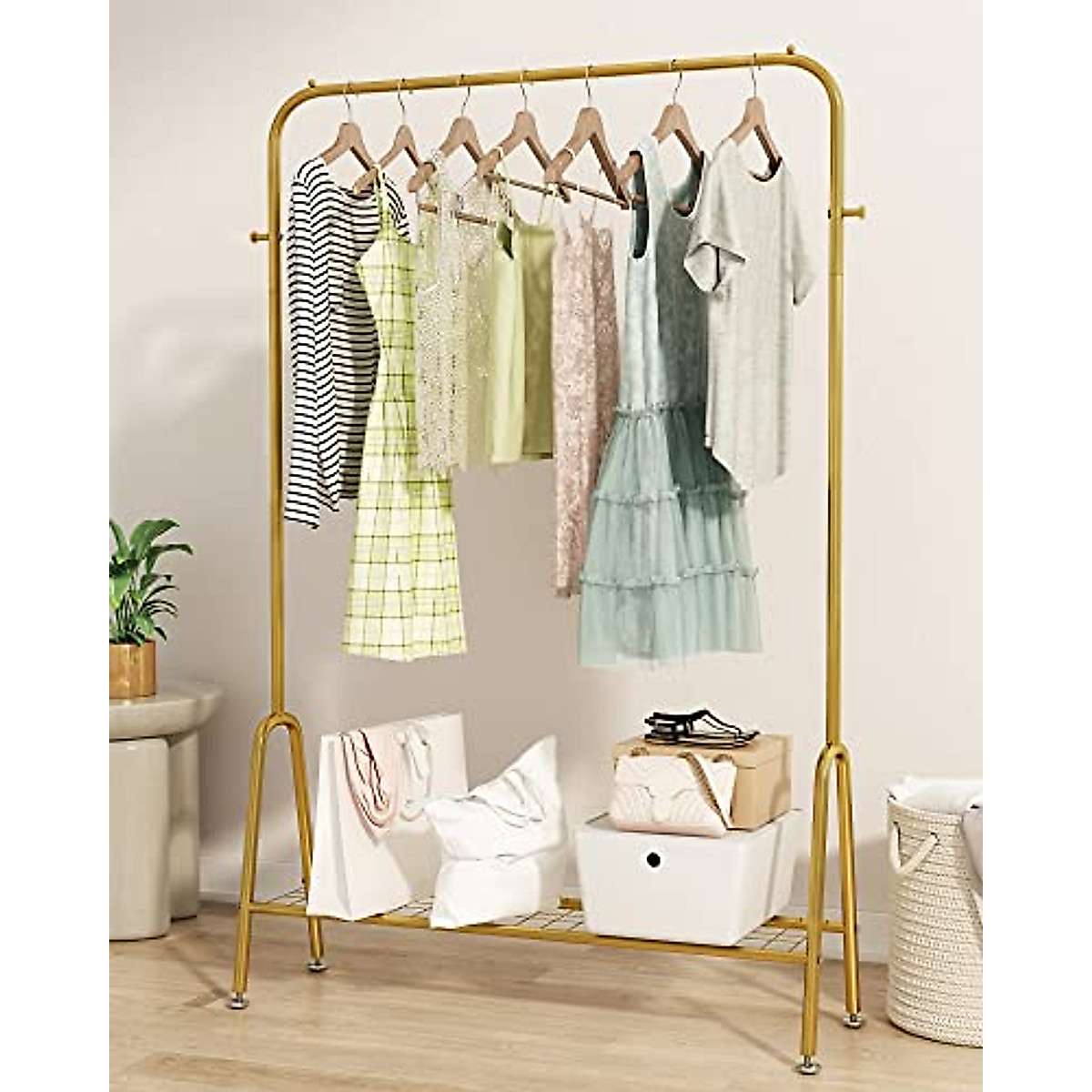 GAMNOF Gold Clothes Rack Metal Clothing Rack 1 Shelf Garment Rack for Storage and Organization of Clothes, Hats and Bags and etc