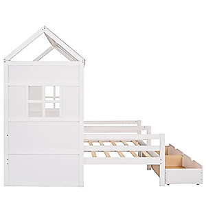 ODC Double Twin Size House Beds with 2 Drawers Solid Wood House Bed Frame for 2 Kids, Tent Bed for Boys Girls Teens Bedroom with Storage,Roof, Windows, Guardrail, 2 in 1 Bed No Box Spring Needed