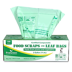 ProGreen Compostable Trash Bags 3 Gallon, Extra Thick 0.71 Mil, 100 Count, Small Kitchen Compost Bin Bags, Food Scraps Yard Waste Bags, Compost ASTM D6400 BPI and TÜV AUSTRIA Certified