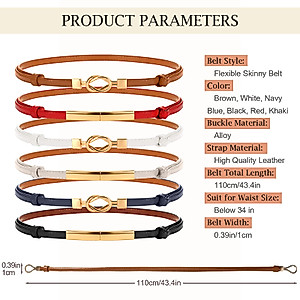 Chuarry 6 Packs Women Skinny Leather Belt Slim Adjustable Waistband Thin Women's Dress Belt Vintage Waist Belts for Ladies Girls, 0.4 Inches Wide