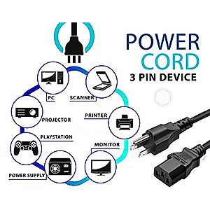 Standard 5ft (1.5m) 10 Amps 125 Volts Black 3 Prong AC Power Cord Cable for Electronics, TV, Computer, Printer, Radio, Monitor, Samsung, Dell, Vizio, LG, Asus, Laptop and More