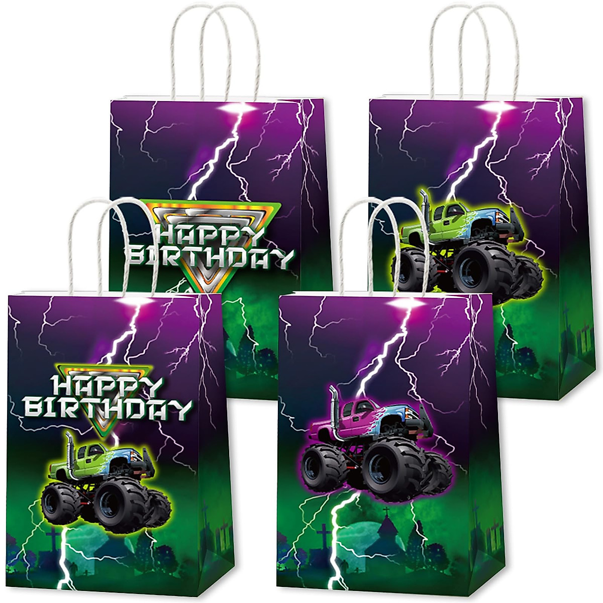 CHUNNIN 12Pcs Green Purple Monster Truck Party Paper Bags Monster Truck Birthday Gift Bags Supplies Racing Truck Theme Party Bags Monster Truck Party Candy Treat Bags for Kids Birthday Party Favor