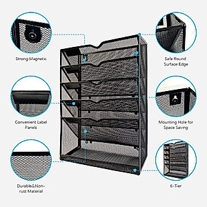 Ocooca Super Strong 6-Tier Magnetic File Holder ,Mesh Wall File Organizer No-Drill Mount Hanging File Organizer for Refrigerator, File Cabinets, Whiteboard, Office, Kitchen