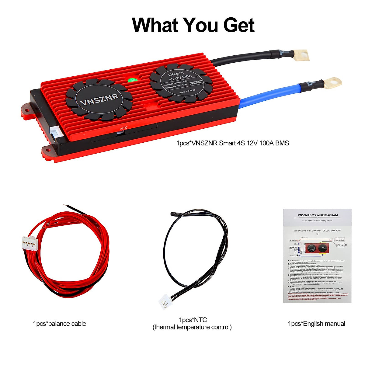 VNSZNR LiFePO4 BMS 4S 12V 100A Lithium Iron Phosphate Battery Management System PCB Protection Board with Balance Leads Wires for LiFePO4 3.2V Cells Battery Pack