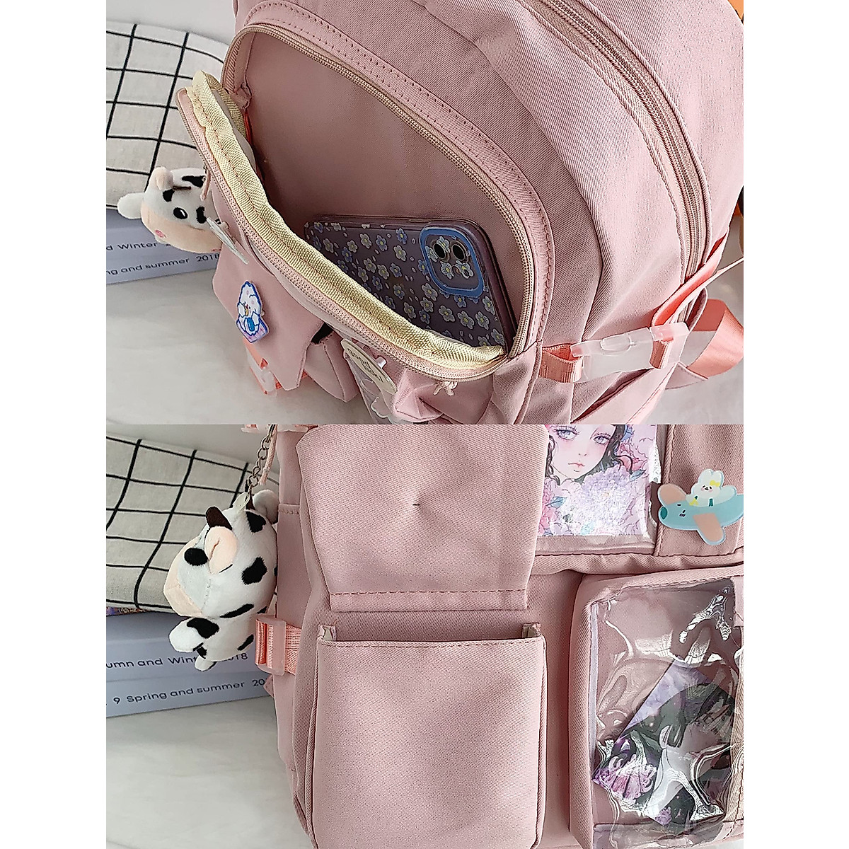 Kawaii Backpack with Pins Kawaii School Backpack Cute Aesthetic Backpack Cute Kawaii Backpack for School (Beige,With Accessories)