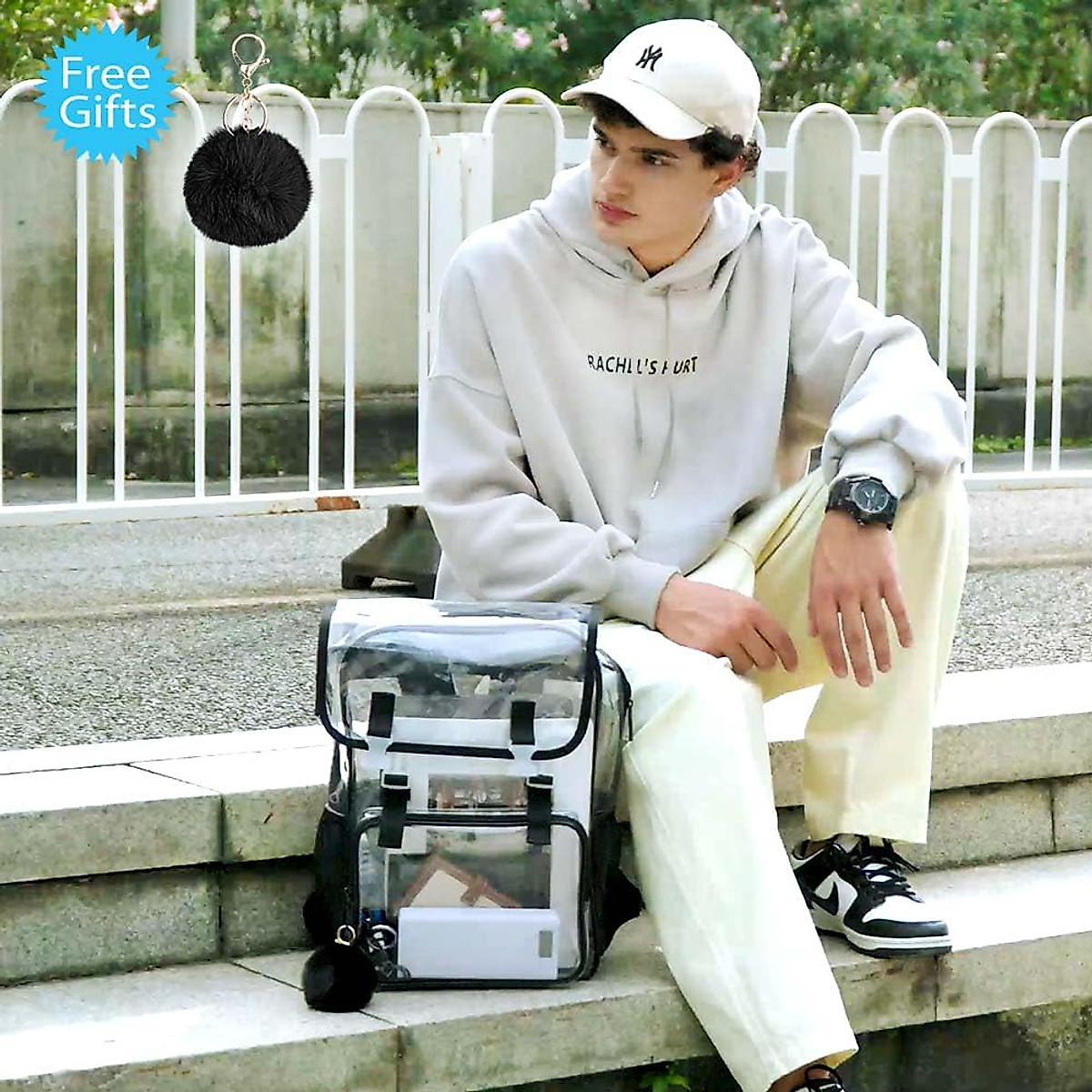 FTJCF Clear Backpack, Stadium Approved Transparent Bookbag, Heavy Duty PVC See Through Backpack - Black