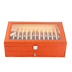 Pen Display Box 24 Piece Black Leather Flannel Pen Organizer Box,Glass Pen Display Case Storage Box with Lid,Top Glass Window Two Level Display Case with Drawer Pen Collection Display Case (Orange)