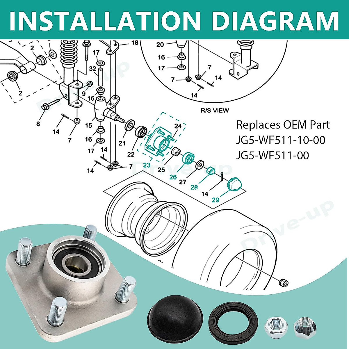 Drive-up Golf Cart Front Wheel Hub for Yamaha G2/G8/G9/G14/G16/G19/G22/G29 Drive Models, OEM JG5-WF511-10-00 JG5-WF511-00