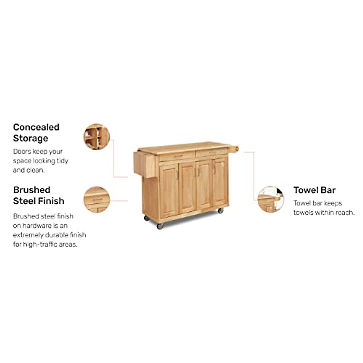 Homestyles General Line Kitchen Mobile Cart with Drop Leaf Breakfast Bar, 54 Inches Wide, Natural Hardwood