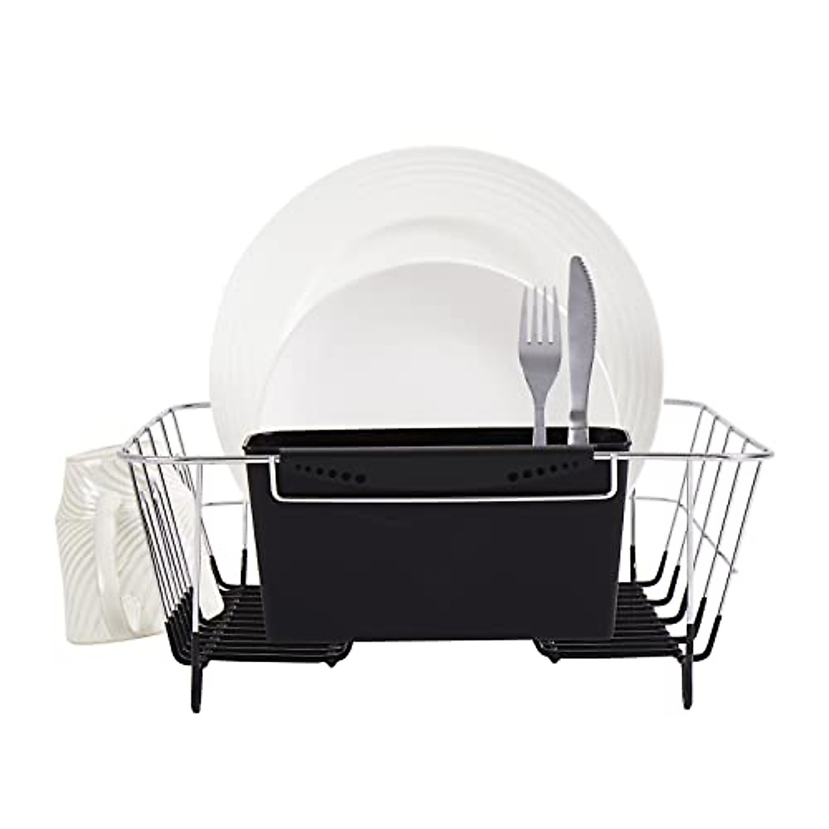 Sweet Home Collection 2 Piece Dish Drying Rack Set Drainer with Utensil Holder Simple Easy to Use Fits in Most Sinks, 14.5" x 13" x 5.25", Black