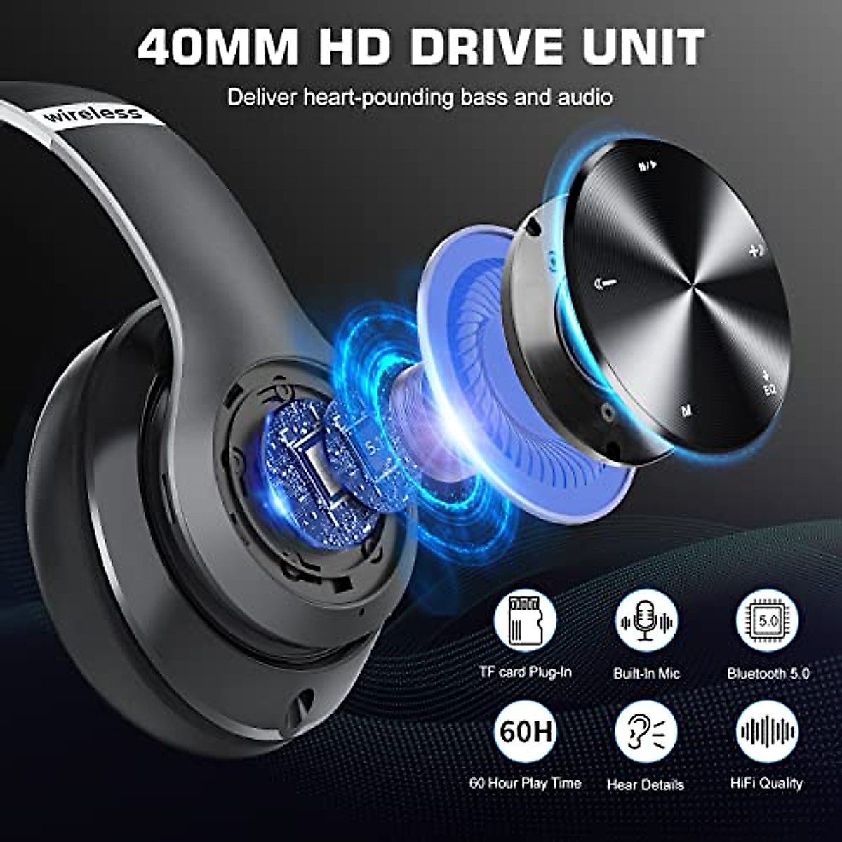 Wireless Bluetooth Headphones Over-Ear, 60H Playtime Foldable Lightweight and Wired Stereo Deep Bass Headset HiFi Stereo Sound with 6 EQ Modes, Micro SD/TF, FM, for Travel Work Laptop PC Cellphone