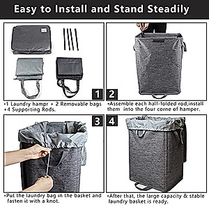 Robylin 99L Large Collapsible Laundry Hamper with Lid & 2 Removable Laundry Bags, Foldable Laundry Basket, Detachable Clothes Hamper for Nursery, Bedroom, Bathroom, College Dorm,etc, Grey