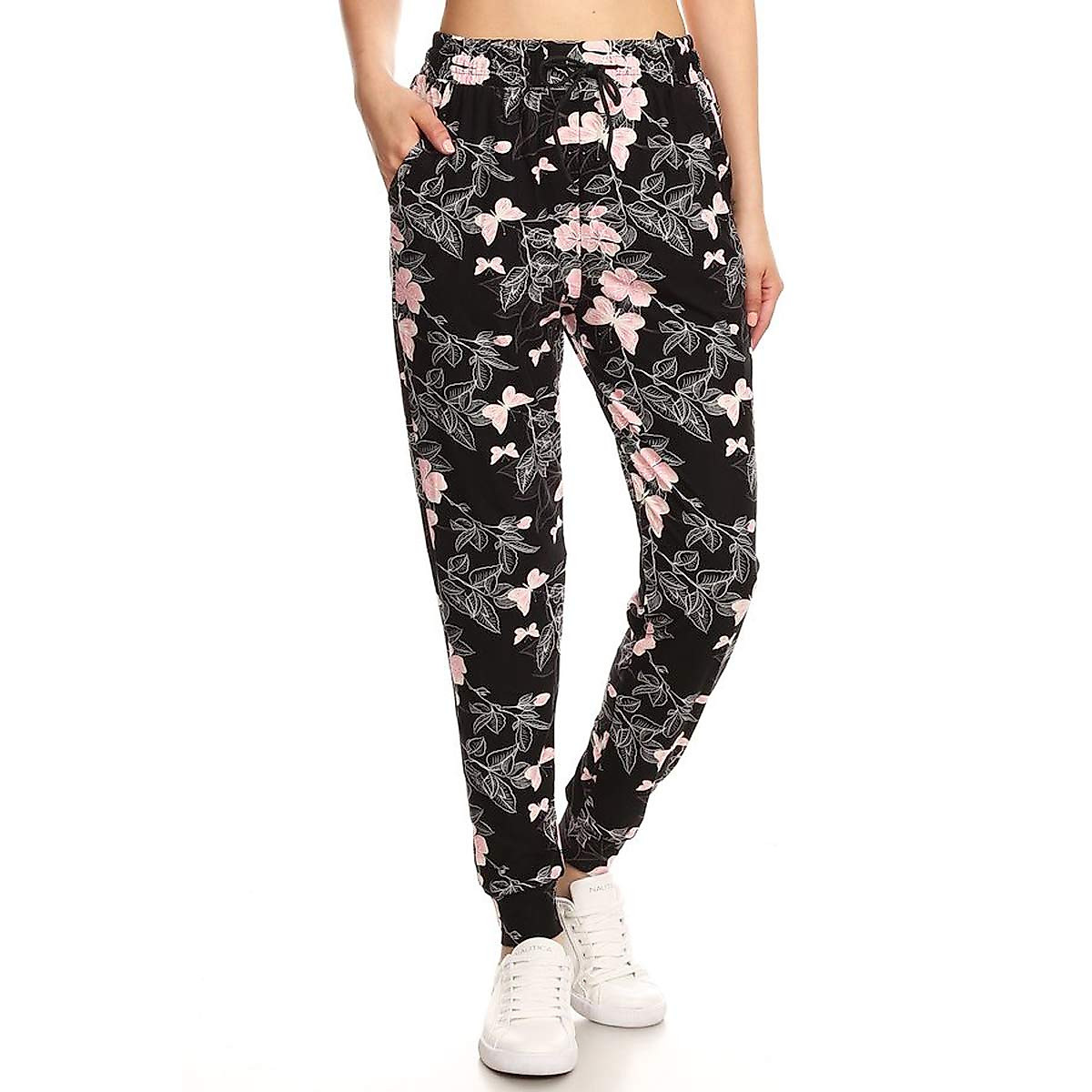 Leggings Depot Women's Relaxed fit Jogger Pants - Track Cuff Sweatpants with Pockets-R560, Medium, Pink Butterflies