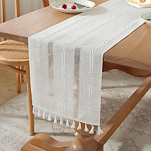 AUAUY Table Runner with Handmade Tassels, Boho Style Beige Weave Stripes Polyester Fabric Table Runner, Macrame Table Decoration for Holiday Party Dining Wedding and Everyday Use(13*70.87in)