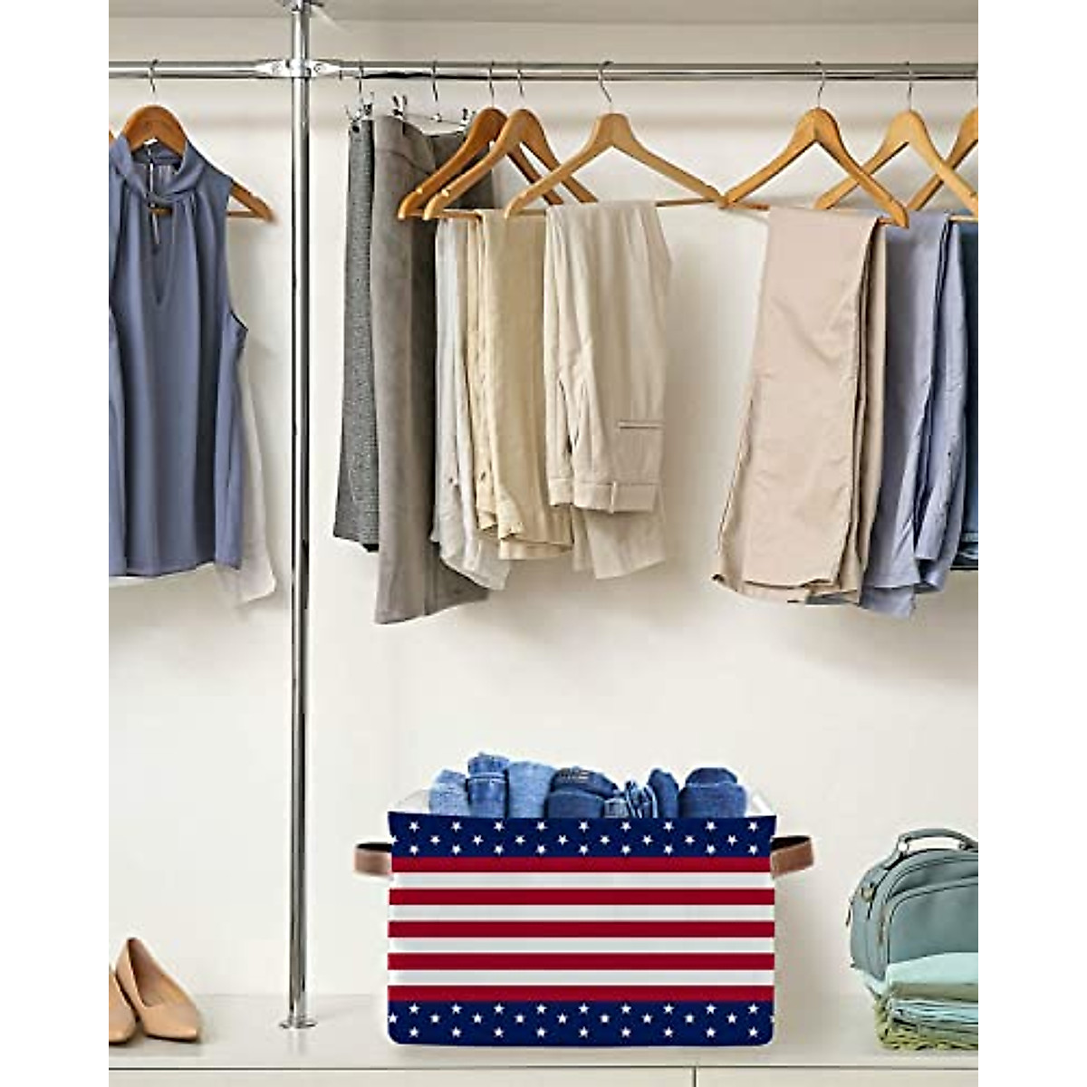 Storage Bins Large Storage Basket,Independence Day USA Flag Star Collapsible Storage Bins with Handle,Red White White Stripe Blue Storage Baskets Cube Organizer for Shelves Closet Nursery 1PC