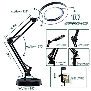 Magnifying Glass with Light and Stand, 10X Magnifying Lamp, 2-in-1 Desk Magnifier with Light, Craft Light Lamp with 3 Color Modes, LED Lighted Magnifier with Light for Close Work Reading Repair Crafts