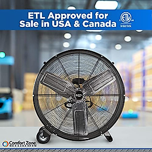 Comfort Zone CMC30 30” High-Velocity 2-Speed Direct-Drive Industrial Drum Fan, All-Metal Construction, Rubber Wheels, Easy to Grab Handle, & Balanced Aluminum Blades, Black