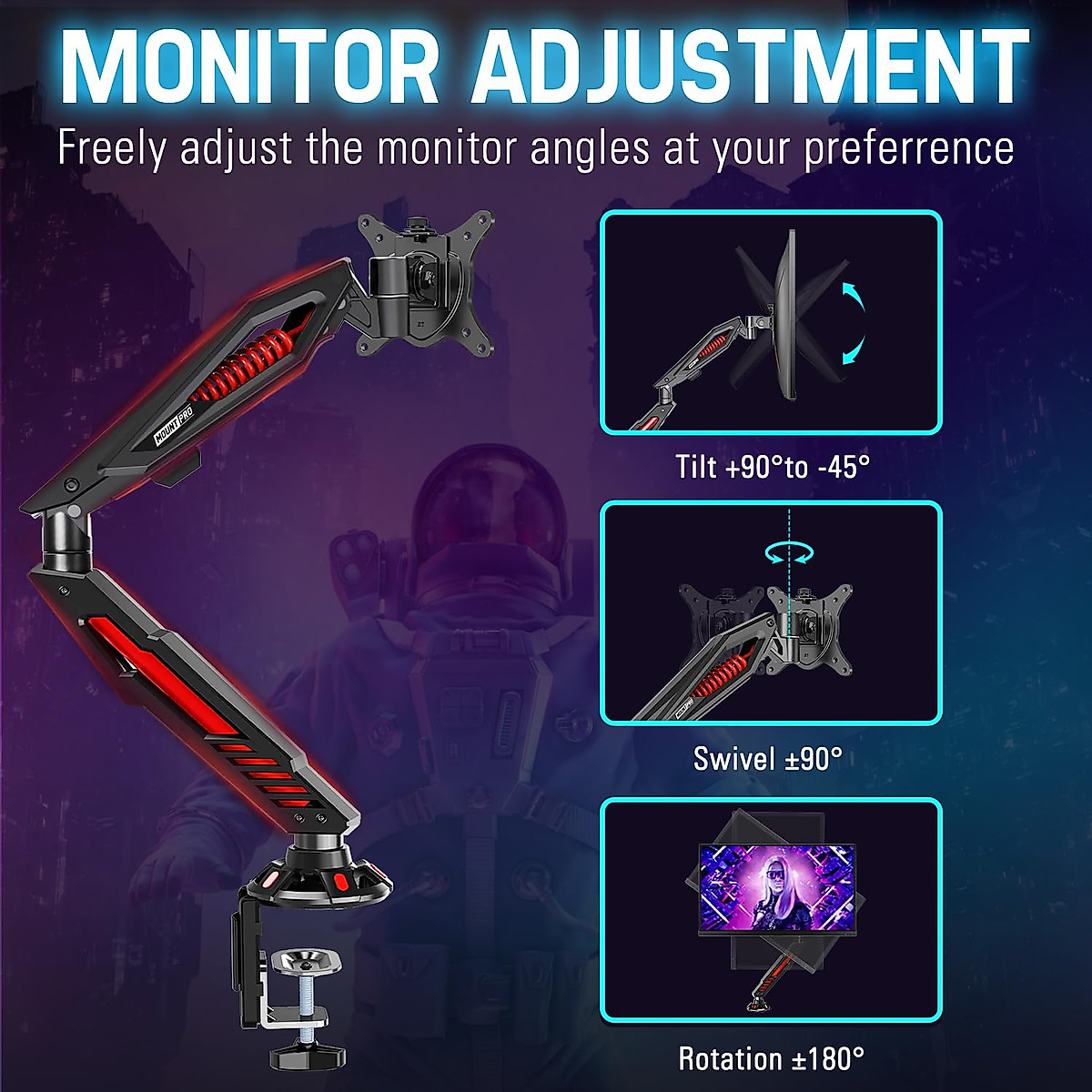 MOUNT PRO Single Gaming Monitor Stand - Mechanical Spring Monitor Mount, Adjustable Gaming Monitor Arm with C Clamp and Grommet Mounting Base - Fits for Computer Screen up to 32”, VESA 75x75, 100x100
