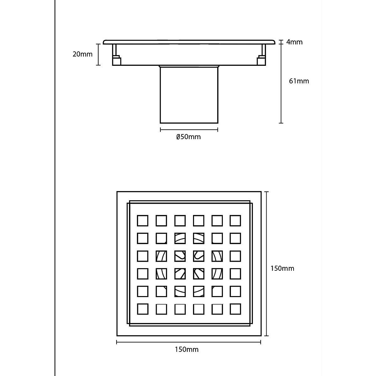 BIHAI 6 Inch Square Shower Drain with Flange, 15cm Matt Black Bathroom Floor Drain, Quadrato Pattern Grate Removable Cover, Bath Drain, Wall Drain, Stainless Steel Drain (Mat Black)
