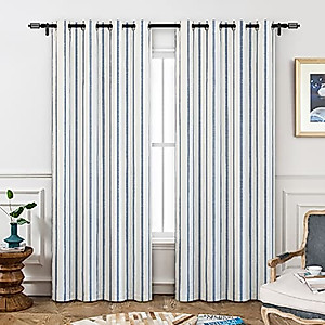 DriftAway Farmhouse Linen Blend Blackout Curtains 84 Inches Long for Bedroom Vertical Striped Printed Linen Curtains Thermal Insulated Grommet Lined Treatments for Living Room 2 Panels W52 x L84 Navy