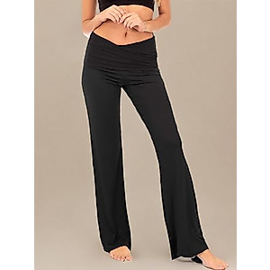 DEAR SPARKLE Fold Over Yoga Stretch Pants for Women | High Waist Bootleg Loungewear Pant + Plus Size (P8) (Black, Small)