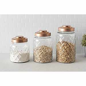 Home Basics Textured Glass Jar with Gleaming Air-Tight Copper Top, Kitchen Glassware Food Beverage Preserving Container, Clear (Large)