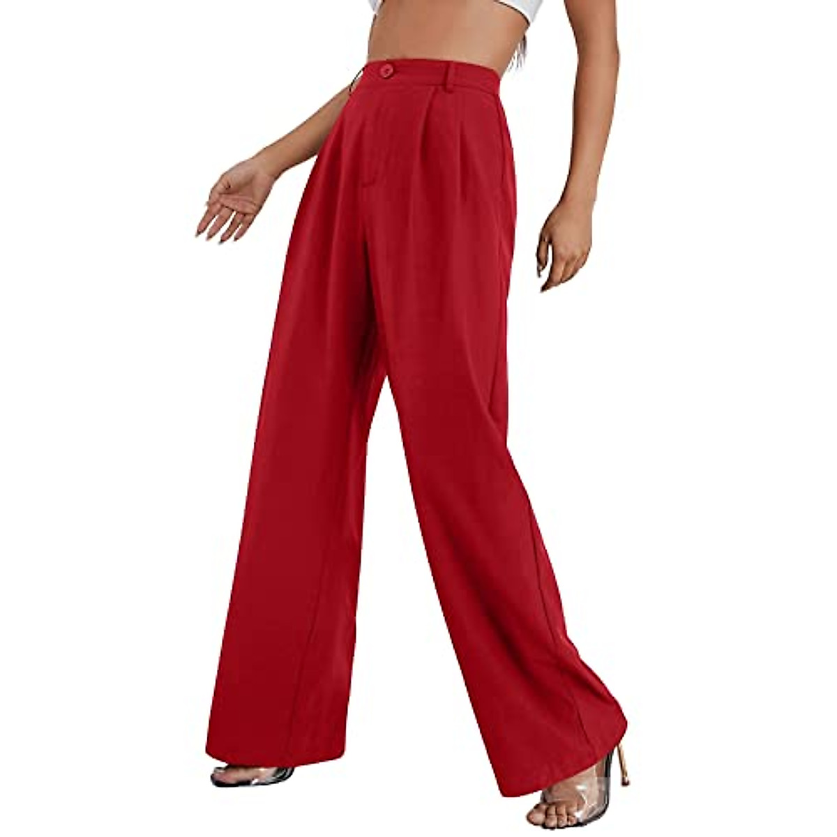 SweatyRocks Women's Casual Wide Leg High Waisted Botton Down Straight Long Trousers Pants Red L