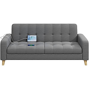 Yaheetech 2-Seater Fabric Sofa Loveseat with USB Ports Mid-Century Modern 65? W Couch Sofa with Solid Wood Legs for Living Room Apartment Bedroom Office Dark Gray