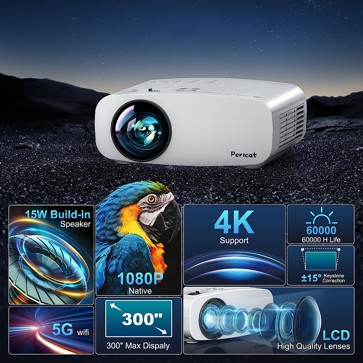 5G WiFi Bluetooth Projector, Pericat Native 1080P Movie Projector for Phone, Portable Outdoor Projector, 10000L Home Theater Video Projector, Mini Projector Compatible w/ PC, HDMI, USB, TV Stick, PS5