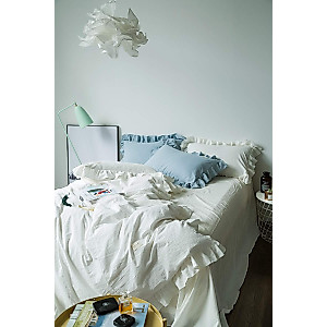 4 Pieces Vintage Stone Washed Cotton Bedding Sets Girls Princess Ruffle Duvet Cover Pillowcases Full Queen Size Bed Sheets White/Pink/Sage Green/Grey (41YS-1-White, Queen Size 4pcs)