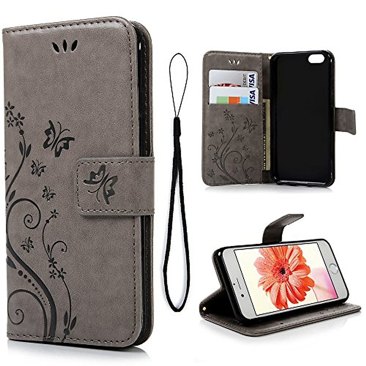 Wallet Case Compatible with iPhone 6, Luxury PU Leather Butterfly Embossed Flip Case with Kickstand Card Holder, Protective Shockproof Case Wrist Strap Removable Flip Cover 4.7 inch