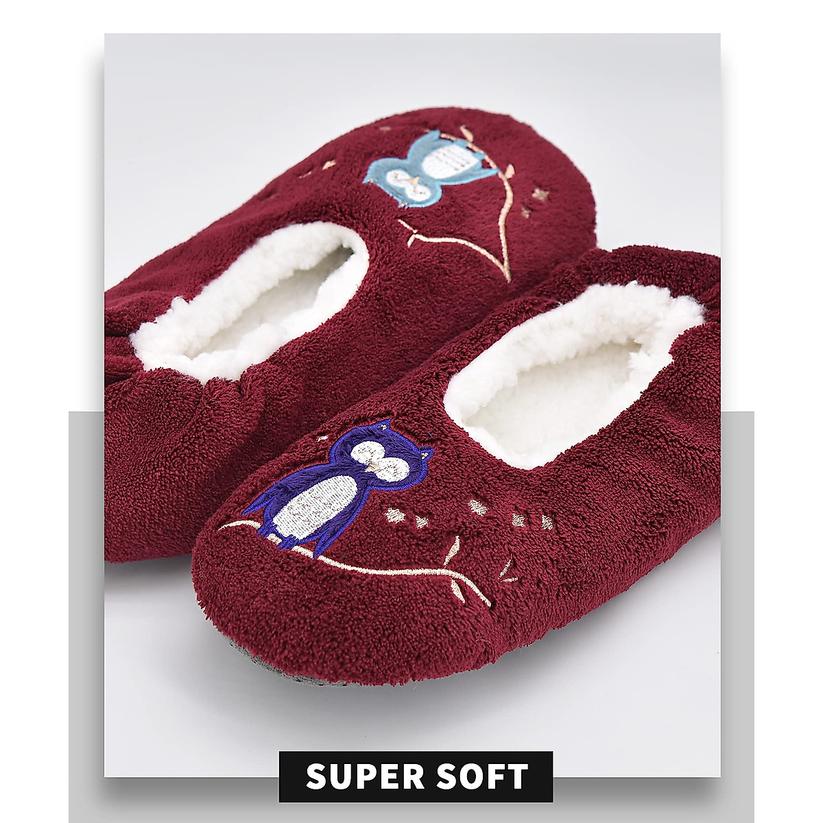 DICUIRD Womens Cozy&Warm Soft Sole Slipper Socks with Grippers-Fuzzy Fleece Lined House Slippers with Non-skid Bottoms (Wine Owl, 8-10)