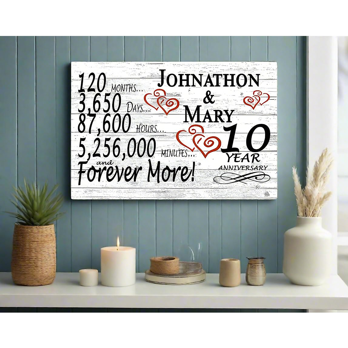 Personalized 10 Year Anniversary Sign Gift 10th Wedding Anniversary Present For Couple Days Mionutes Years - Solid Wood - 16.5in x 10.5in x .75in