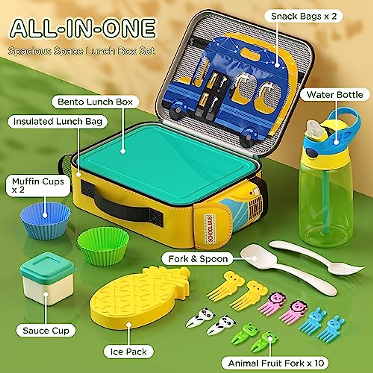 TIME4DEALS Lunch Box for Kid Boy Girl, 6 Compartments Lunch Container with Tableware Lunch Bag Set, 1330ML Ideal Portion Sizes Bento Box, Reusable Meal and Snack Packing Leakproof (Yellow School Bus)