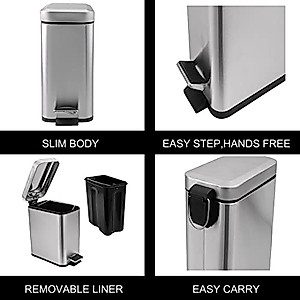 CAMTCHER Slim Trash Can Stainless Steel 2.6 Gallon / 10 Liter Rectangle Step Trash Can, Soft Close, Removable Plastic Bucket (2.6 Gallons)